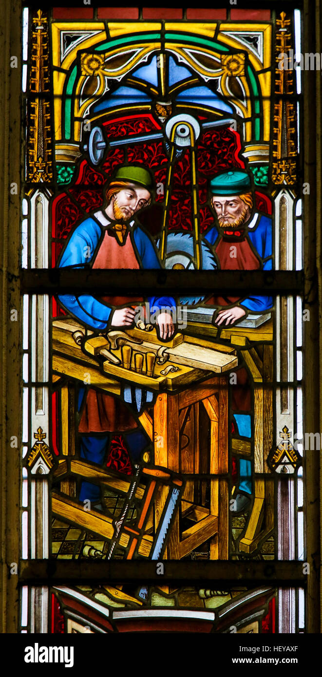 Stained Glass window depicting Carpenters at Work in the Cathedral of ...
