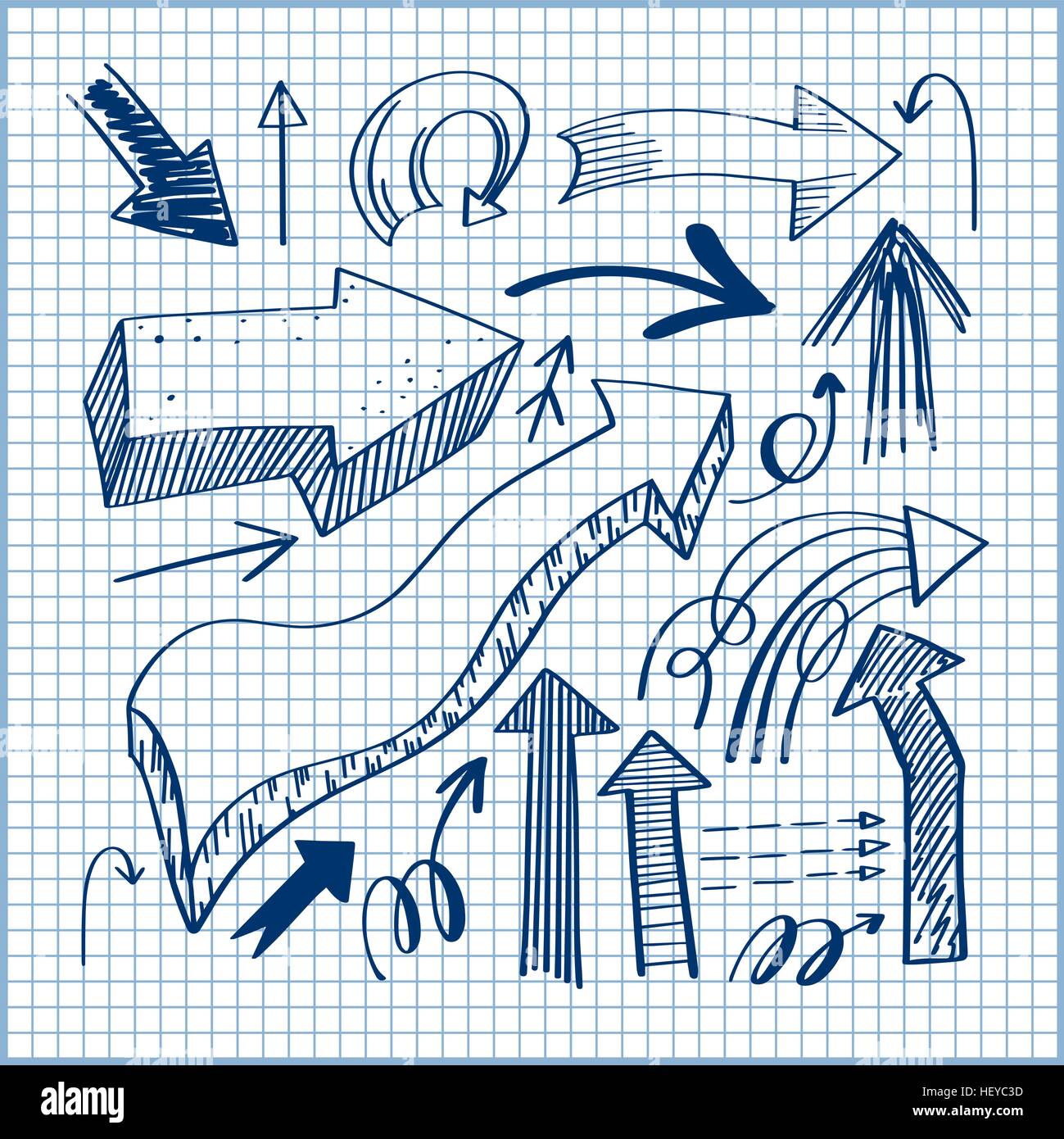 set of hand drawing isolated arrows collection on lined sheet Stock ...