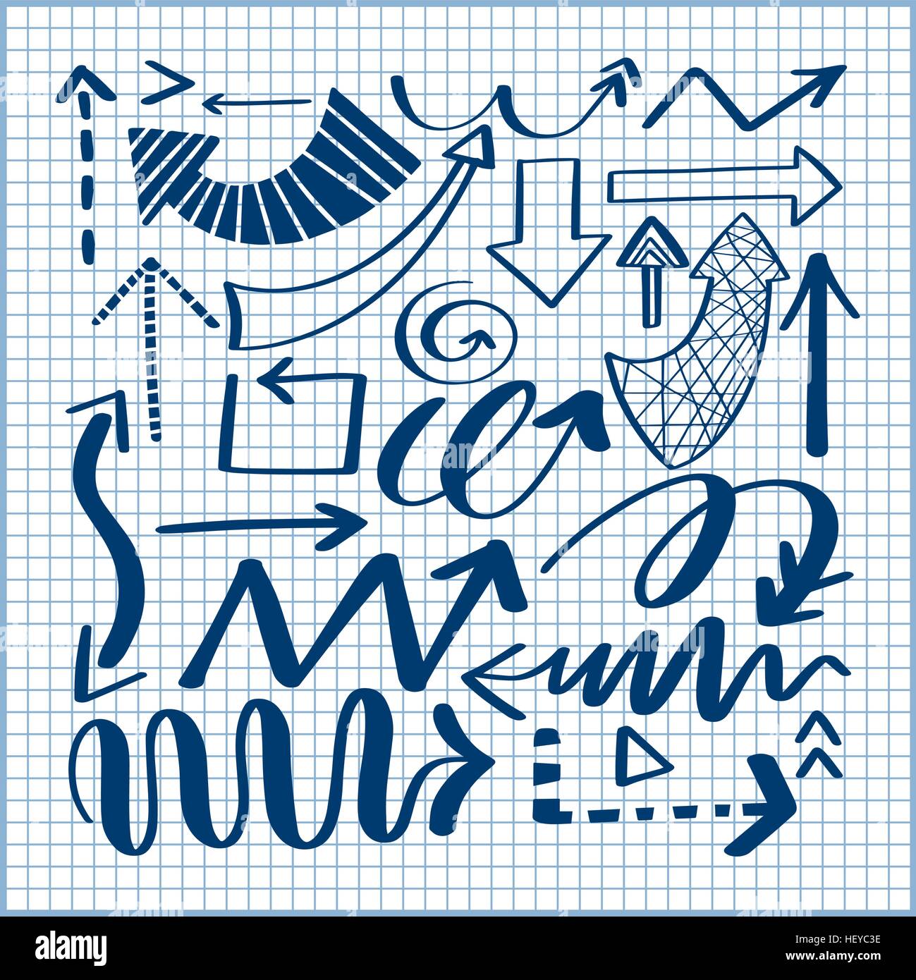 set of hand drawing isolated arrows collection on lined sheet Stock ...
