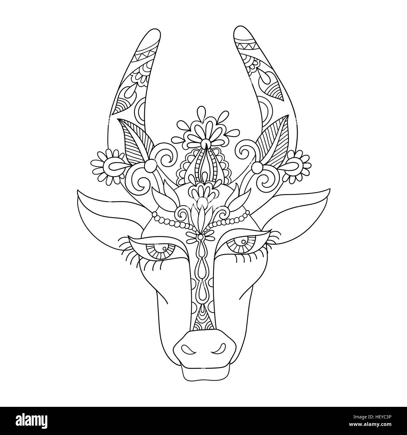 line decorative drawing of indian cow head, floral stylized Stock ...