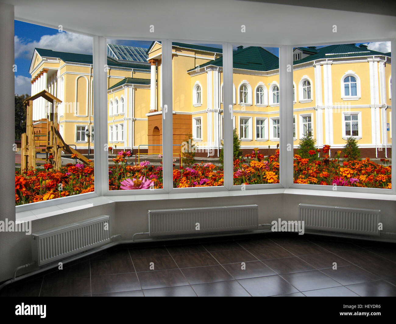 big window overlooking the garden with beautiful palace Stock Photo - Alamy