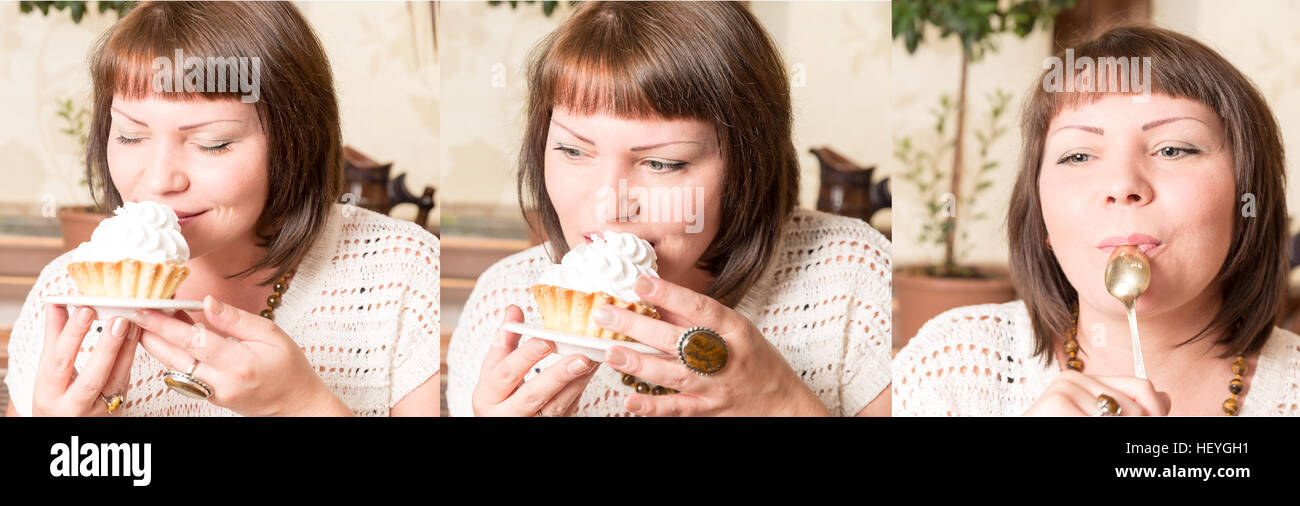 Collage of young beautiful woman eating a dessert. Sweet life with cake ...