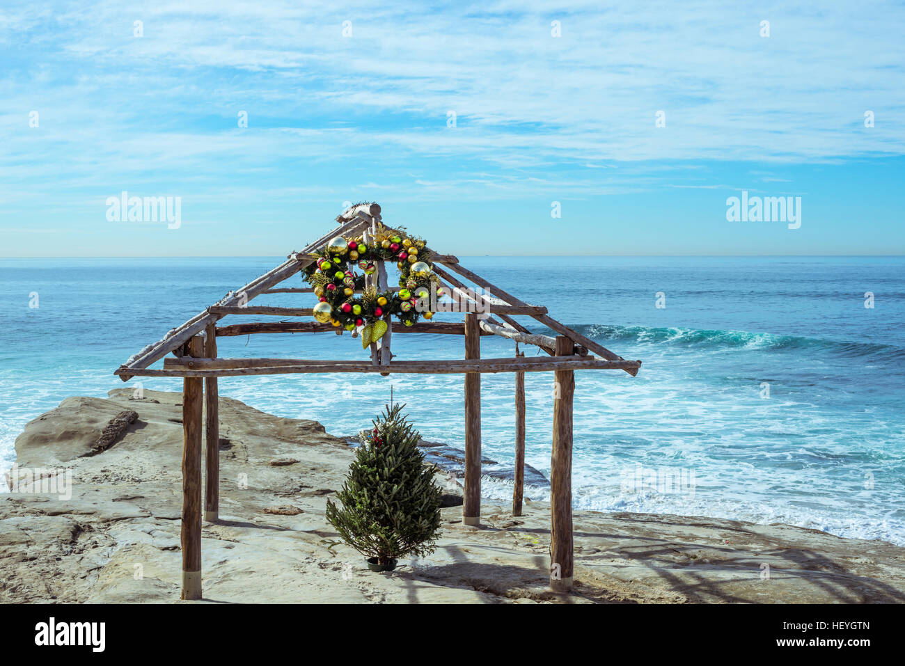 The Surf Shack decorated for the holidays in December. Windansea Beach ...