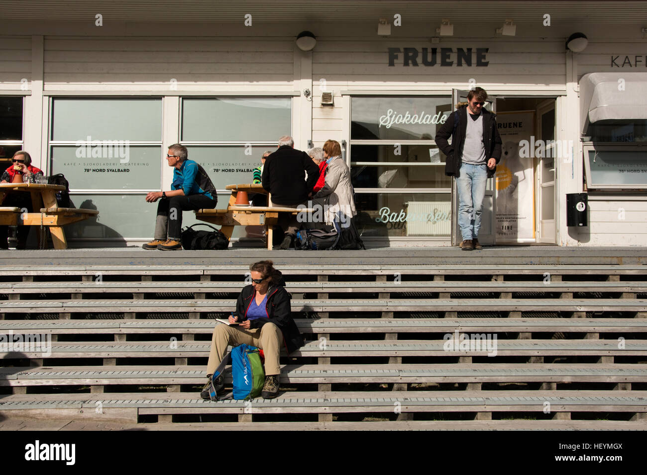 EUROPE, NORWAY, Svalbard (Spitsbergen), Longyearbyen, outdoor cafe ...