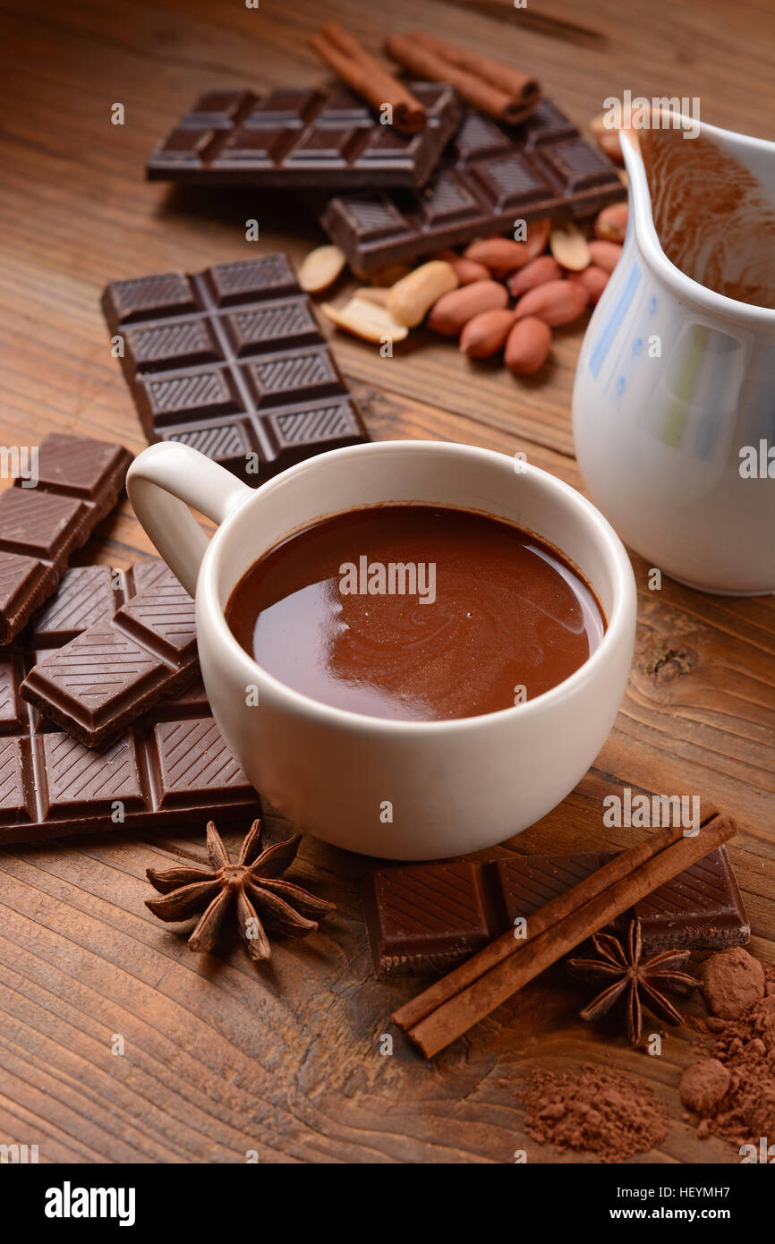 hot chocolate in the cup on the wooden table Stock Photo - Alamy