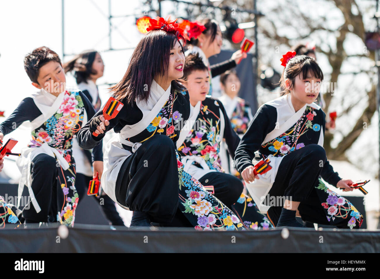 Japanese Yosakoi festival. Children, girls and boys, dancing on ...