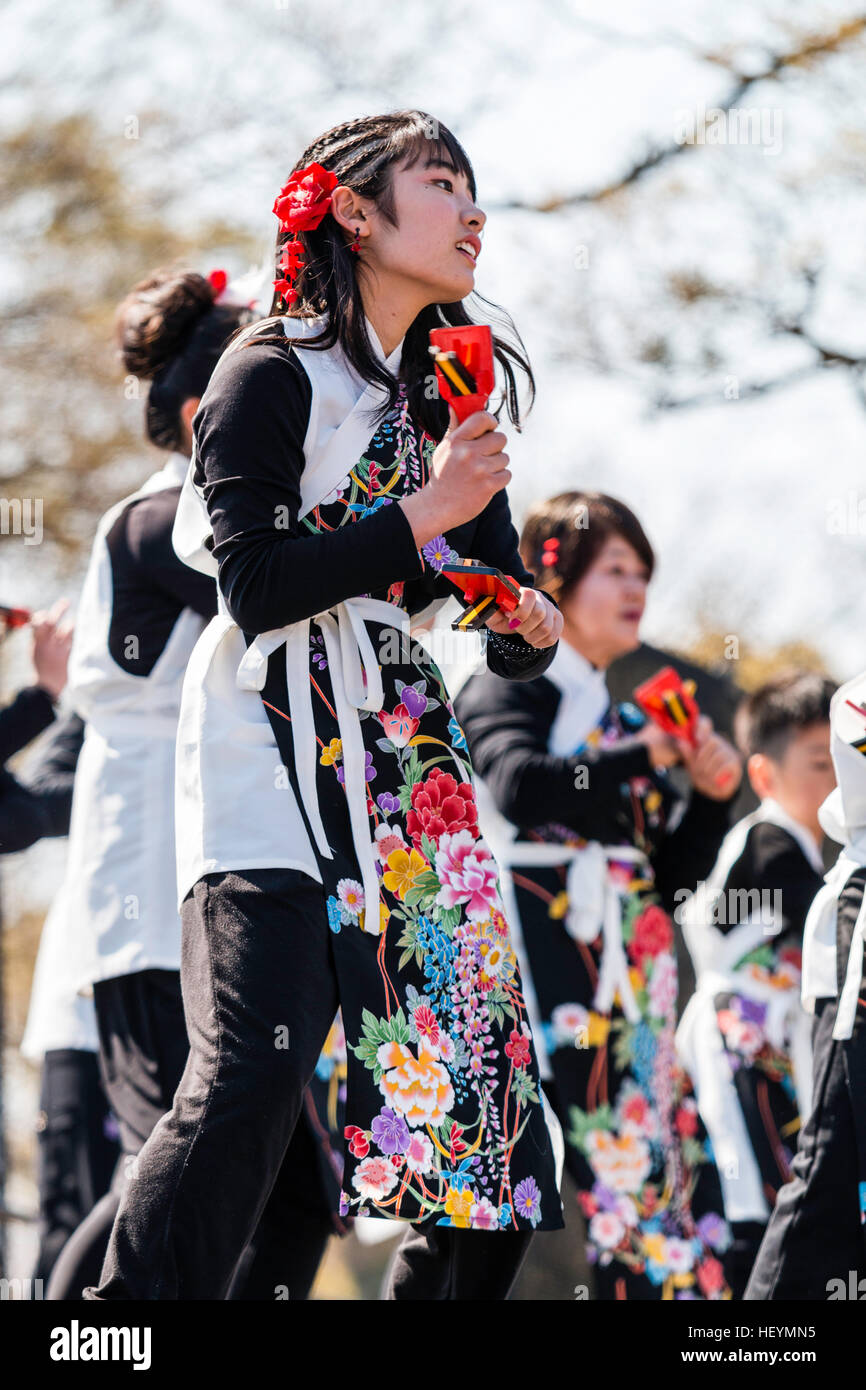 Japanese Yosakoi festival. Children, girls and boys, dancing on ...
