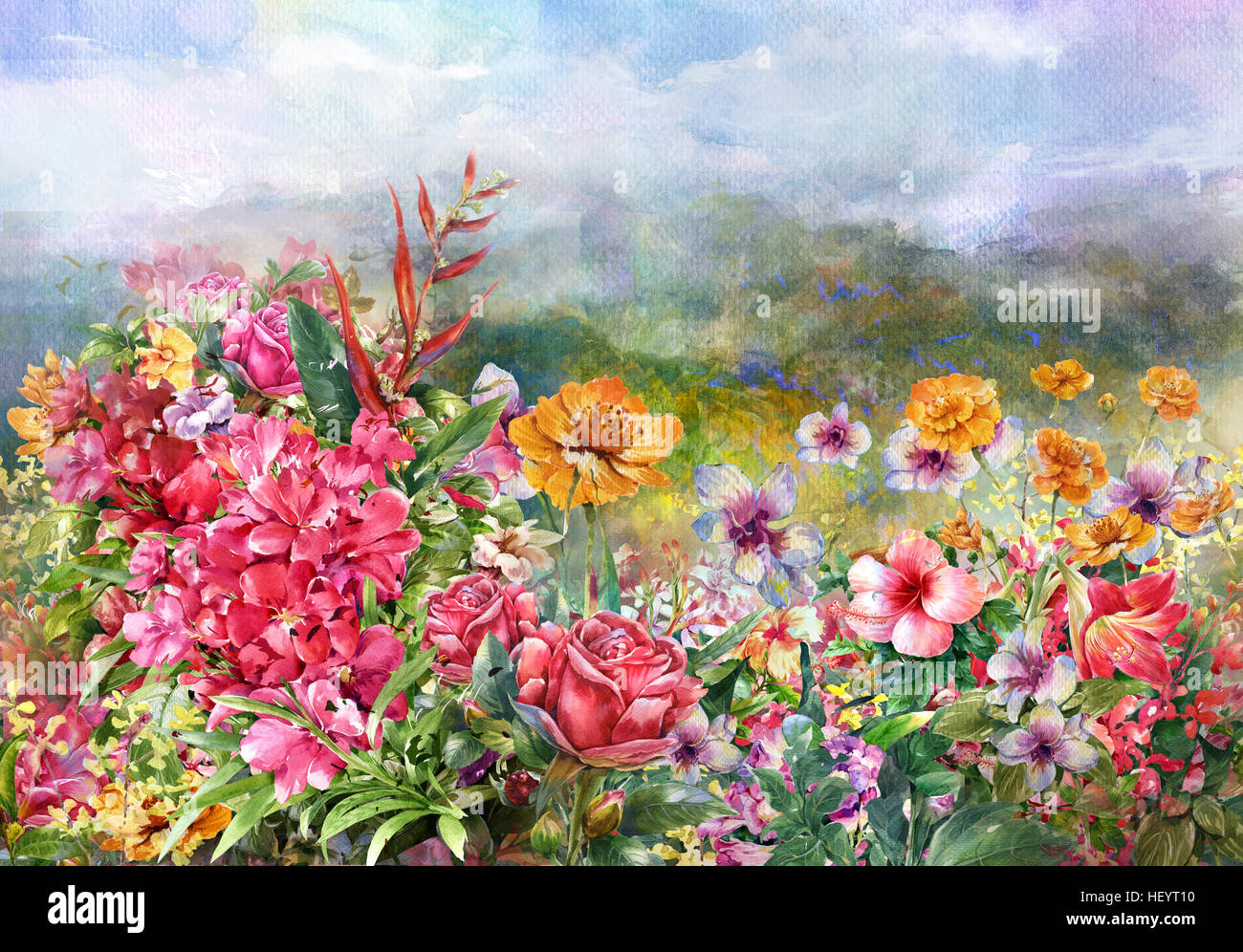 landscape of multicolored flowers watercolor painting style Stock Photo ...