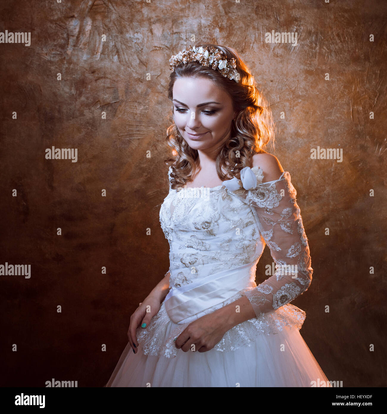 Happy Beautiful girl bride in luxurious wedding dress, portrait in ...
