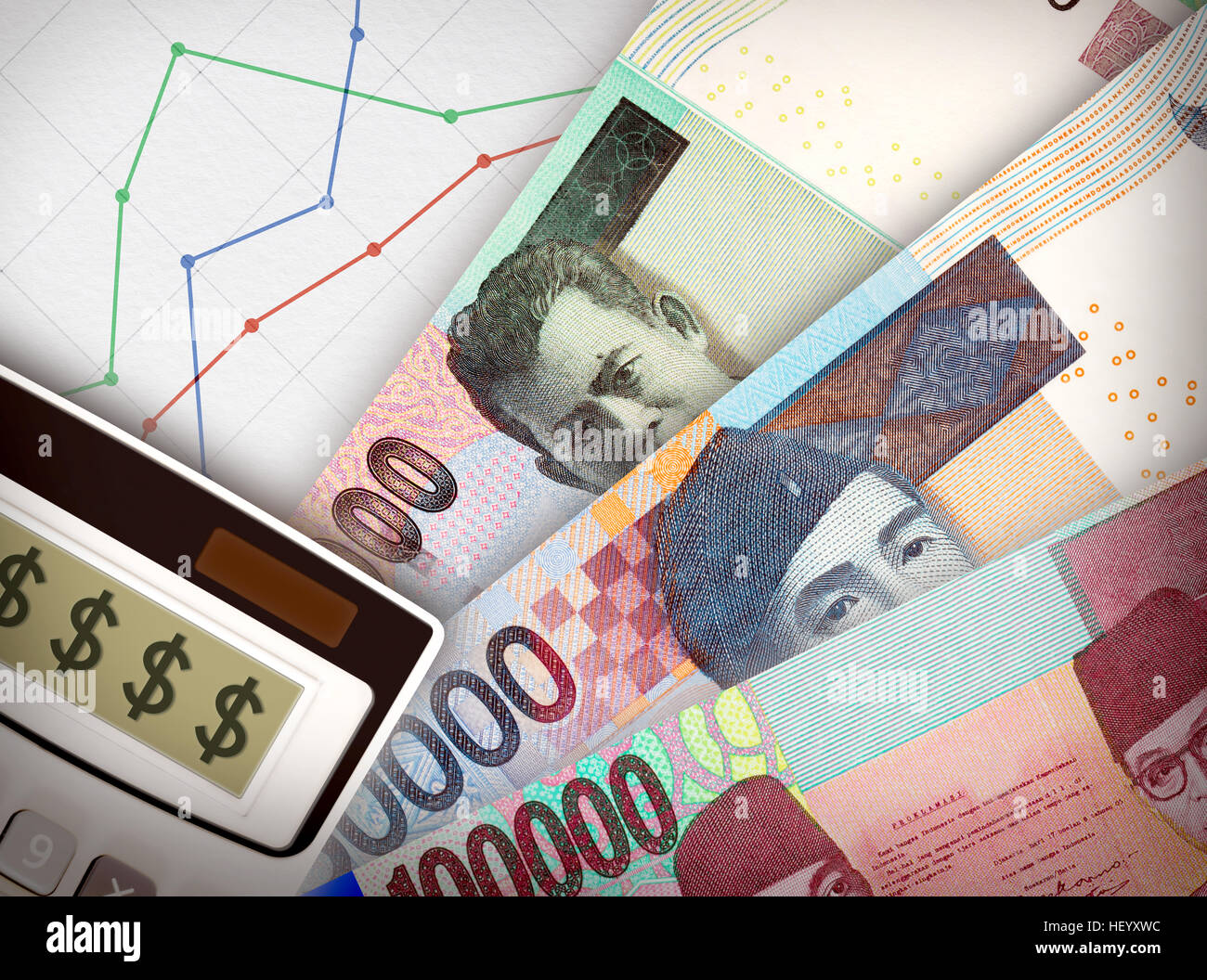 Three money bills in front of sheet of paper with a graph on it ...