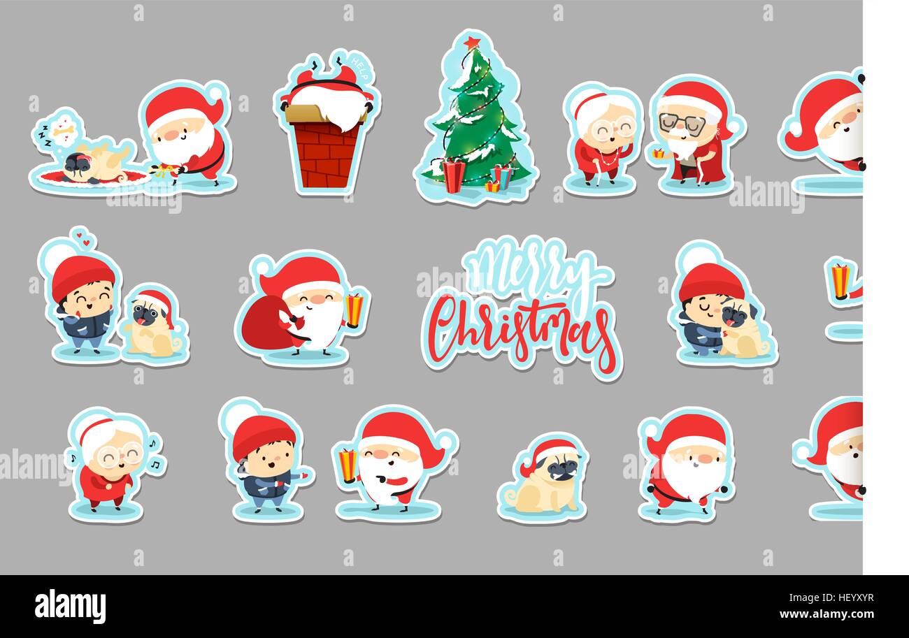 Sticker Santa Claus Funny Christmas characters in flat style. Set Santa ...