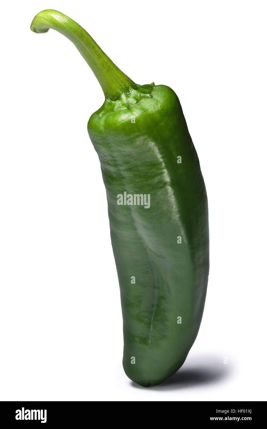 Green whole upright standing Anaheim pepper (Capsicum annuum), the mild ...