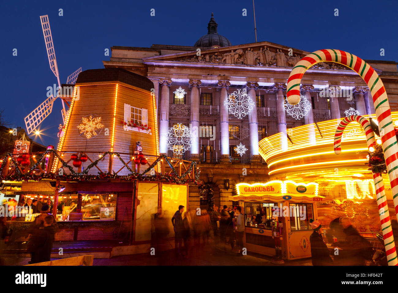Merry go round at Nottingham Christmas Market at night. In Nottingham ...