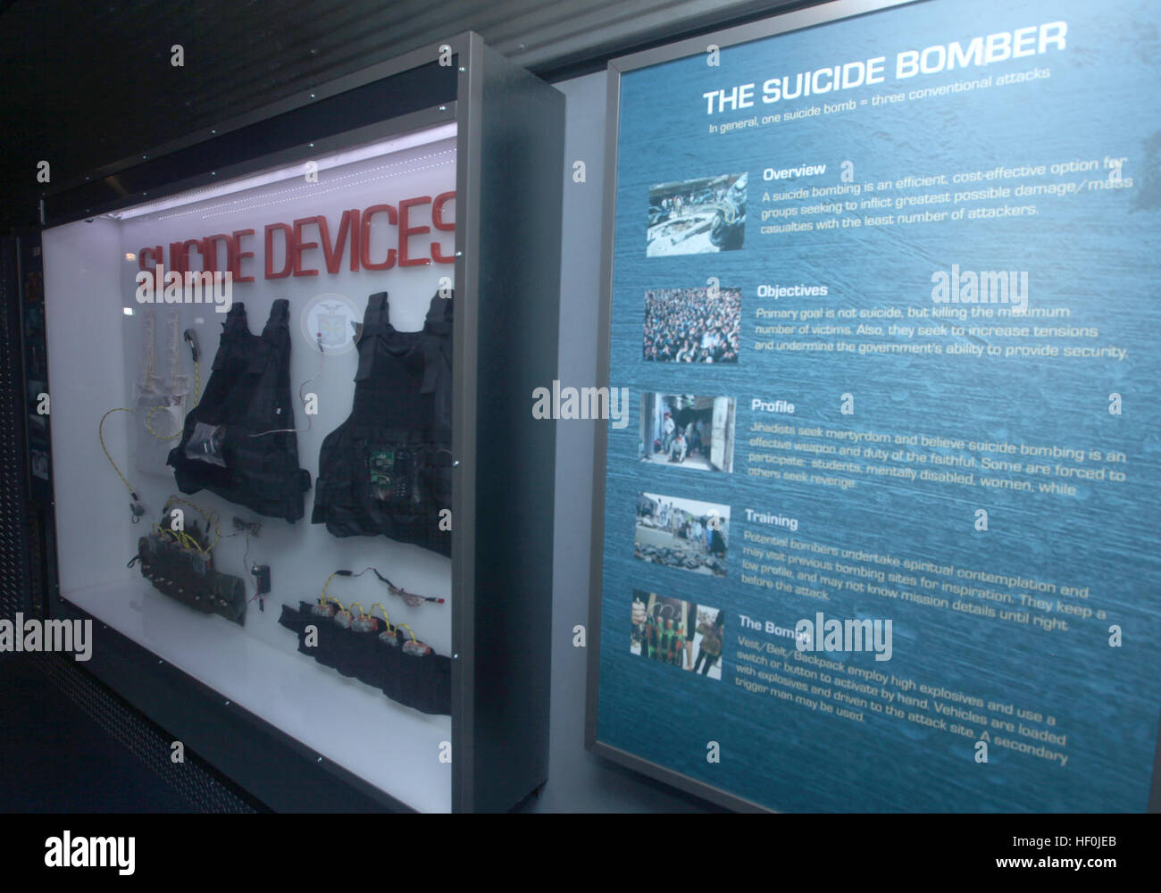 A static display of typical suicide bomb vest devices is shown in the ...