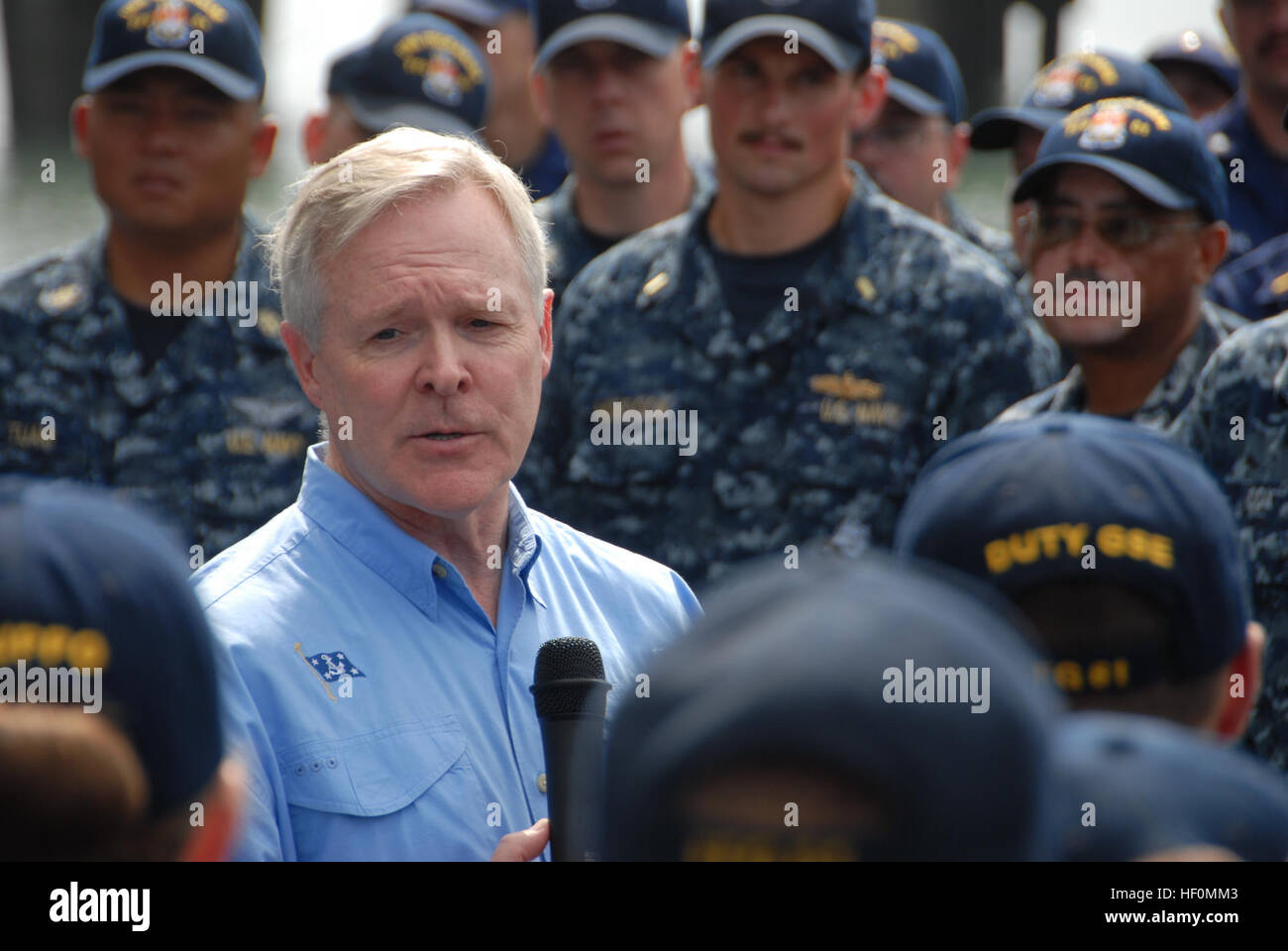U.S. Secretary of the Navy Ray Mabus speaks to the crew aboard the ...