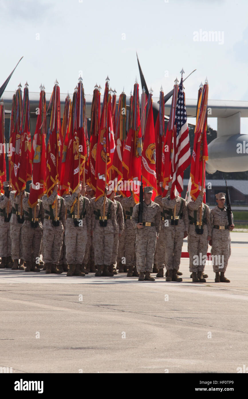 The organizational colors stand in formation at the flight line during ...