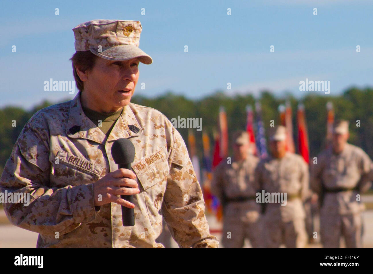 Sgt. Maj. Susan M. Bellis speaks at the relief and appointment ceremony ...