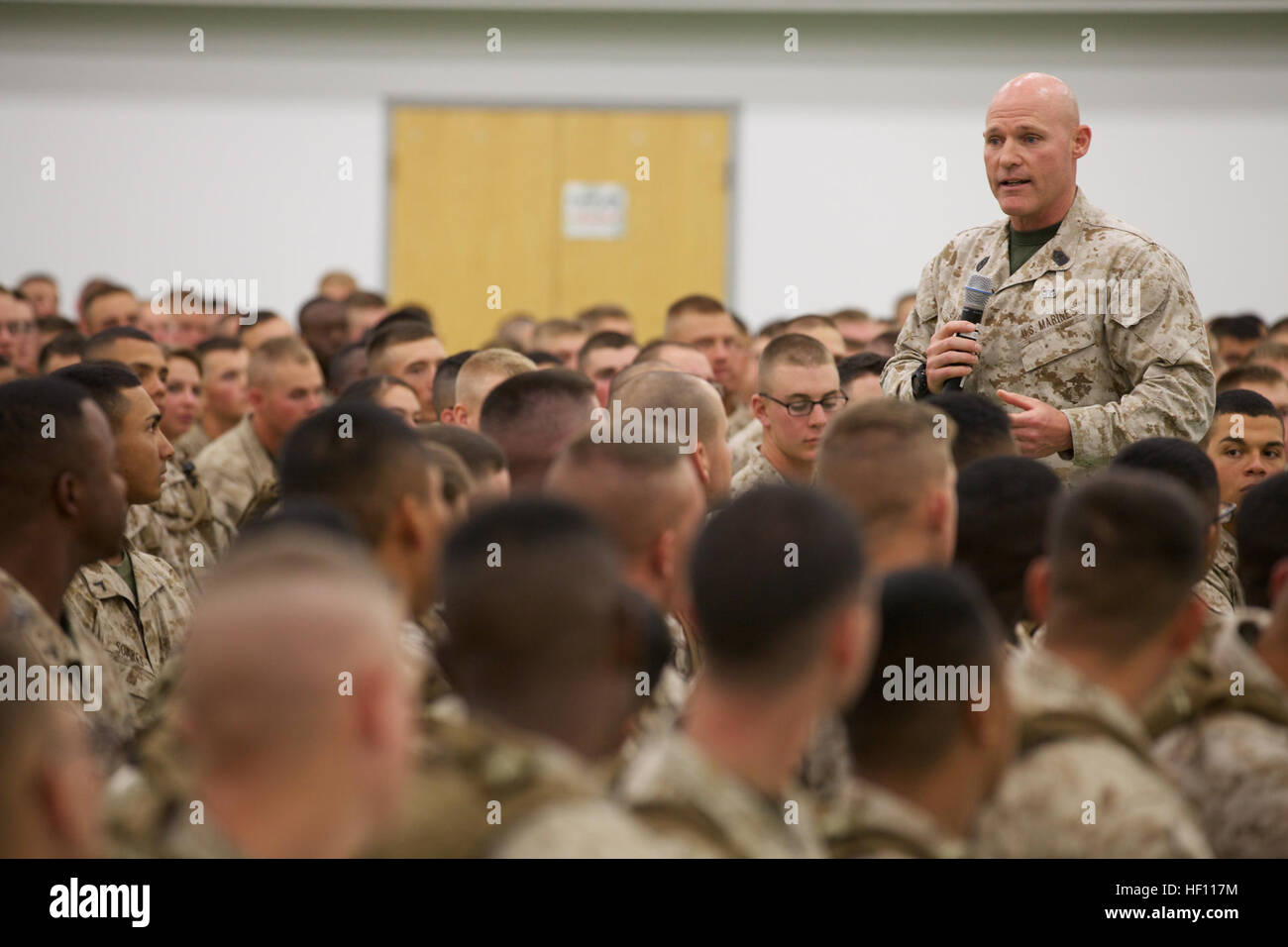 Sgt. Maj. of the Marine Corps Micheal P. Barrett, addresses Marines ...