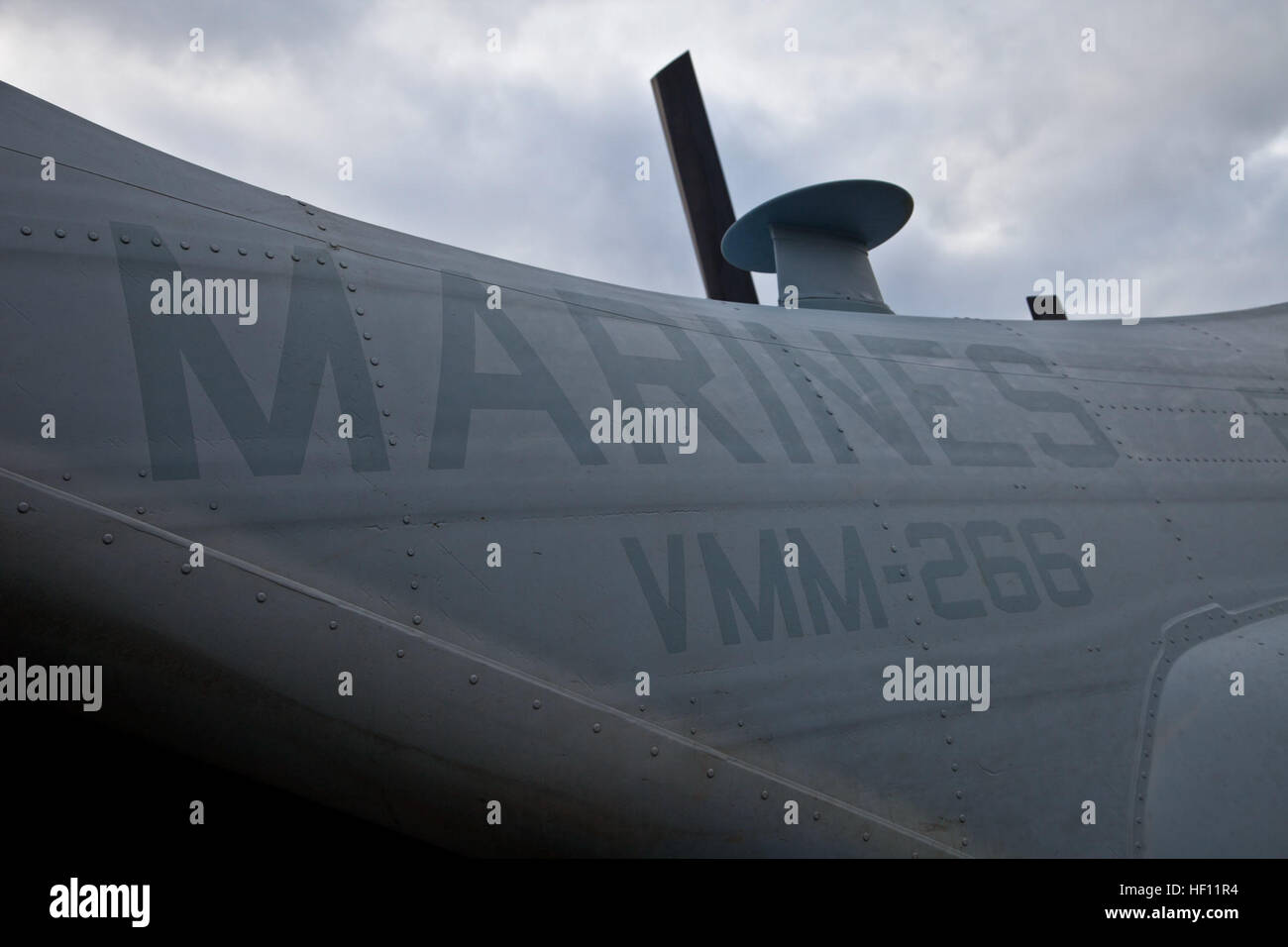 The words "MARINES" and "VMM-266" are written on the fuselage of an MV ...