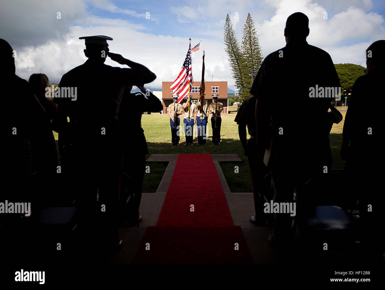 A U.S. Marine color guard with Headquarters Battalion present the ...