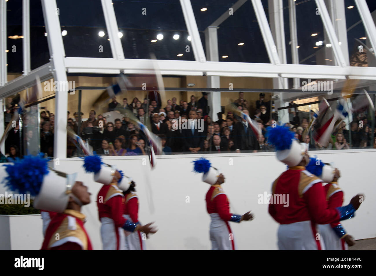 President Barack Obama and guests observe the inauguration parade from ...
