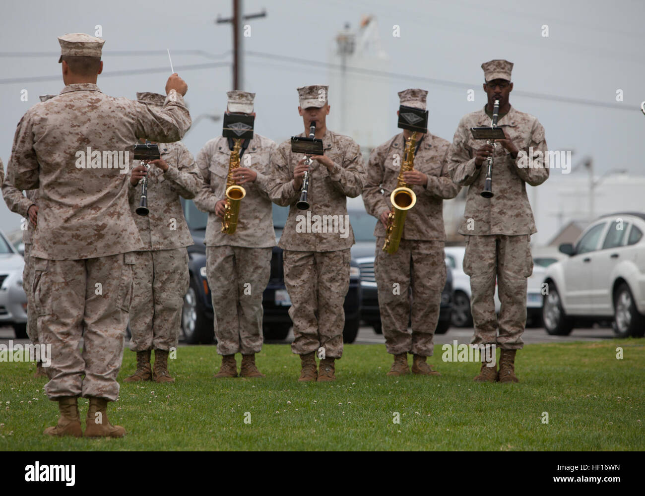 A detail of the 3rd Marine Aircraft Wing Band plays during a morning ...