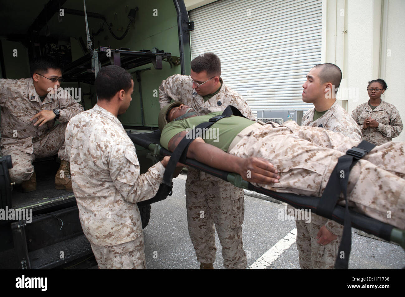Corpsmen load a simulated casualty into a medical transport vehicle ...