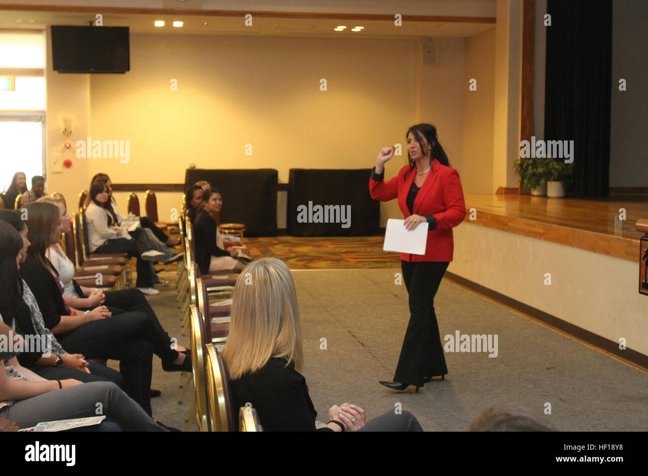 Master Gunnery Sgt. Danielle M. Hendges speaks to audience members ...