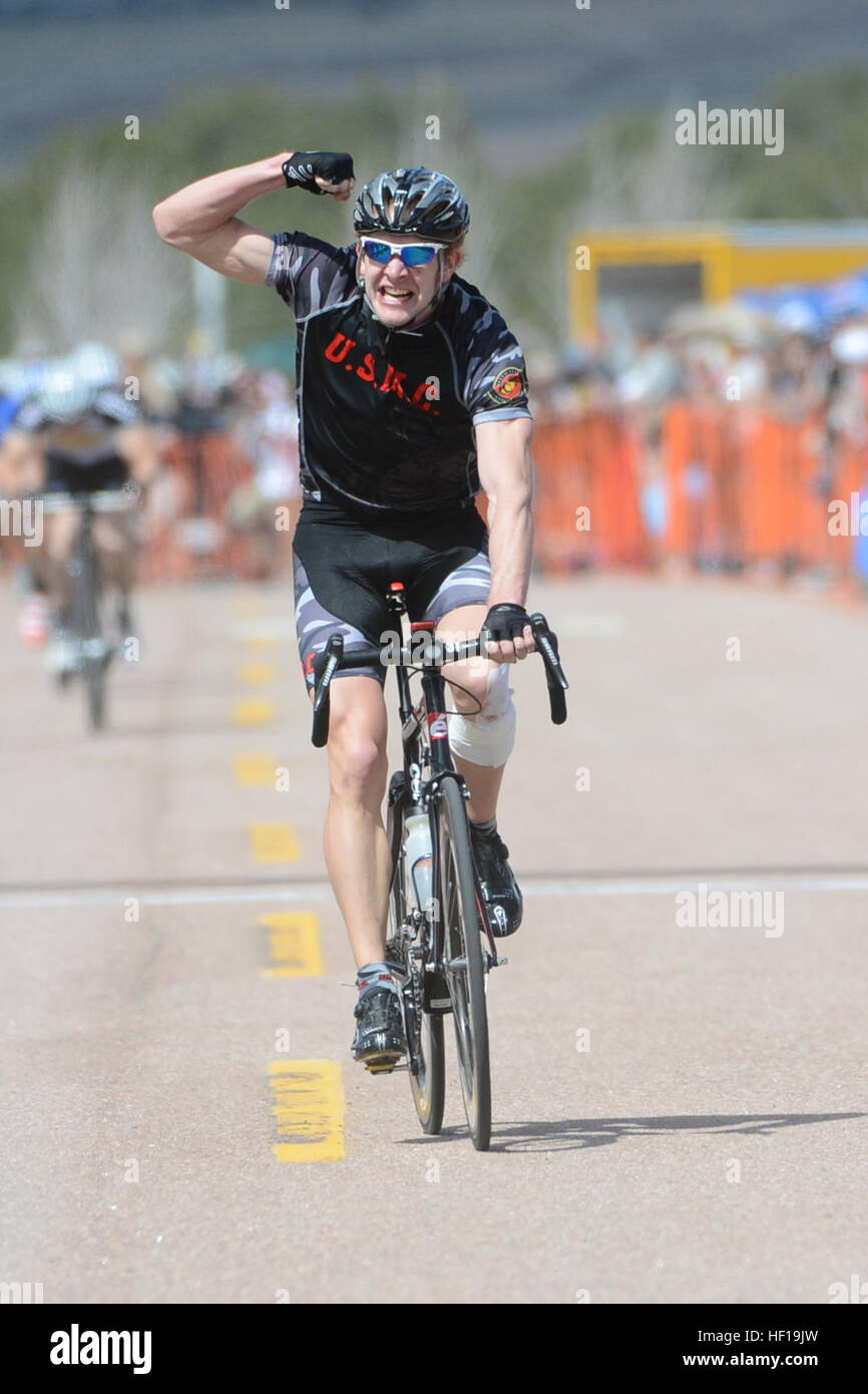 Marine Sgt Brian Mcpherson Reacts To Winning The Mens Bicycle Open Event Of The 2013 Warrior