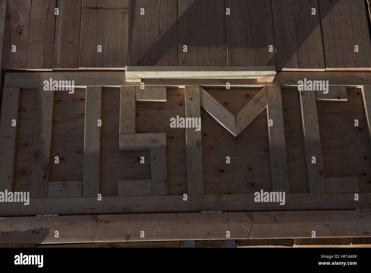 A door adorns the initials of the U.S. Marine Corps following its ...