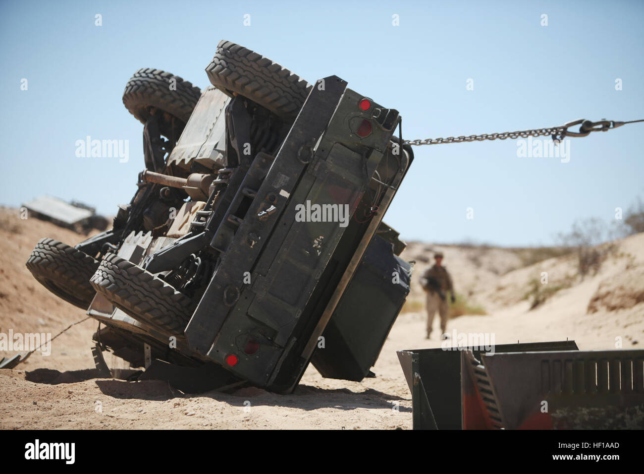 An obsolete Humvee flips during vehicle recovery training conducted by ...