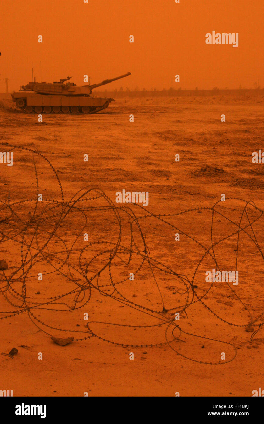 A M1A1 Abrams Tank sits in the staging area aboard Camp Fallujah during ...