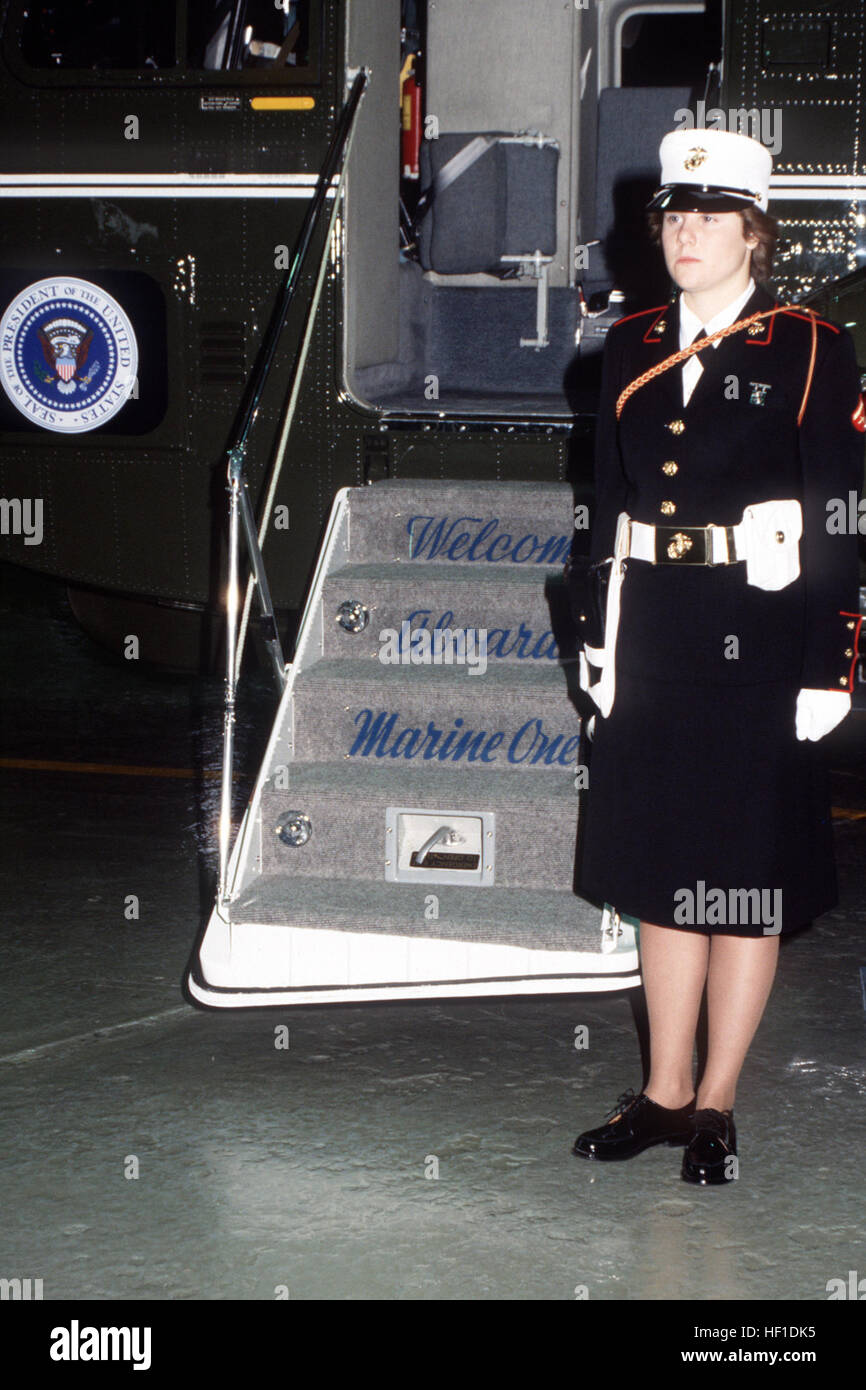 A Marine Lance Corporal stands guard at a VH-3D Sea King helicopter ...