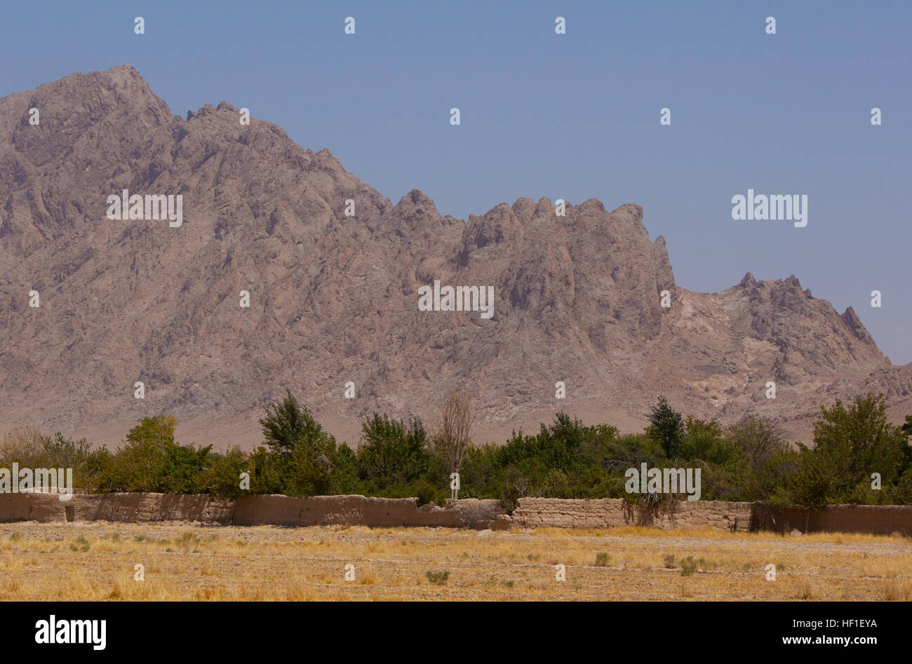 A walled-off area of vegetation rests at the foot of a mountain near ...