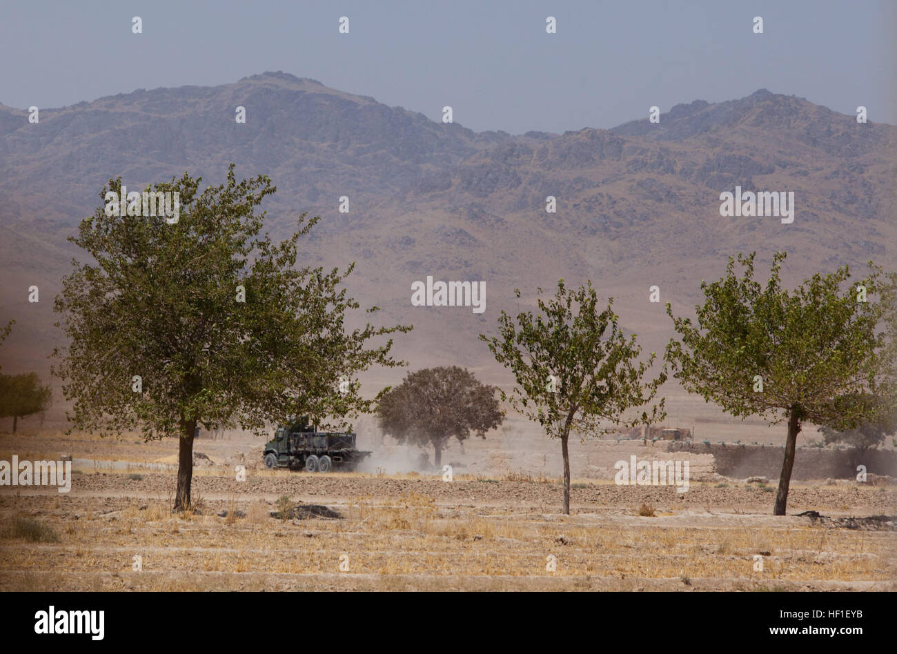 A fuel truck drives through a small patch of trees near the village of ...