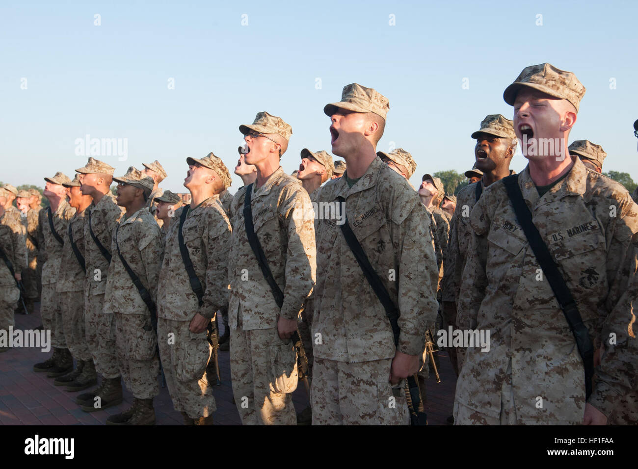 New Marines of Delta Company, 1st Recruit Training Battalion, sing the ...