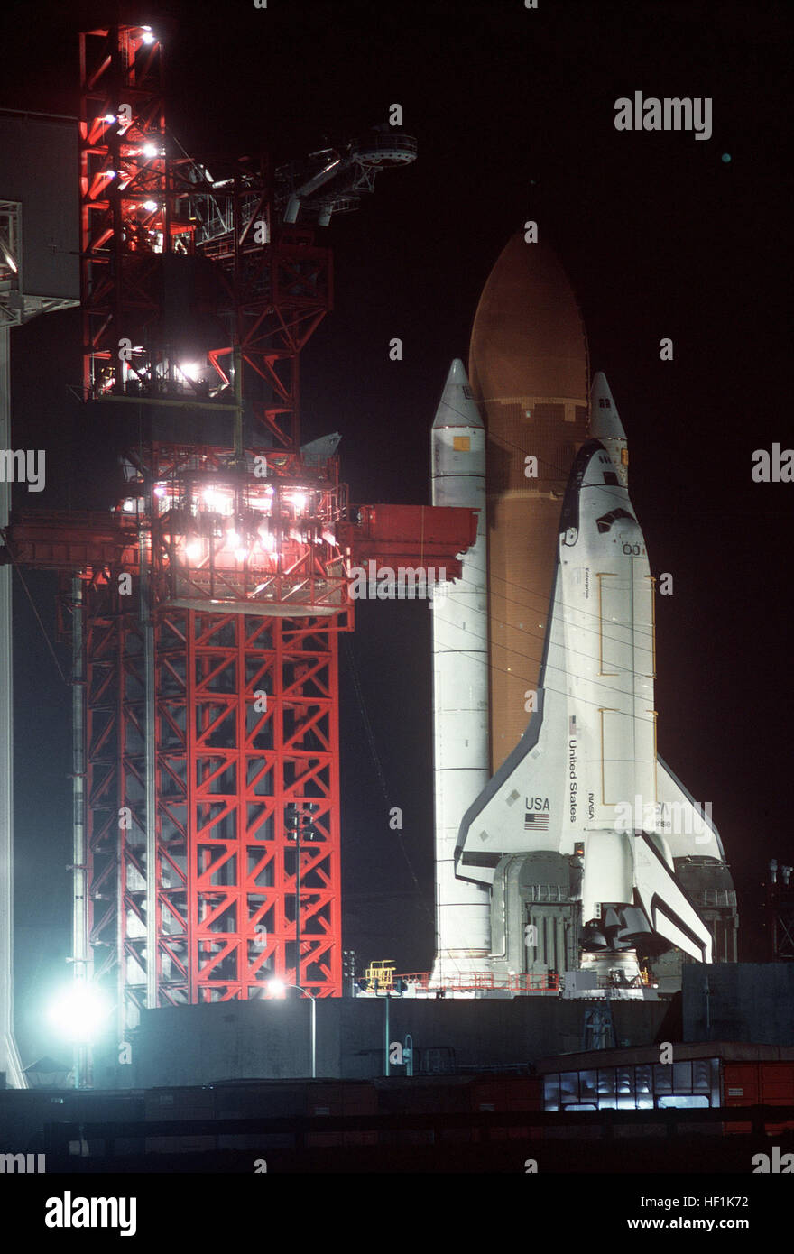 Night view of shelter, gantry and Space Shuttle Enterprise in launch ...