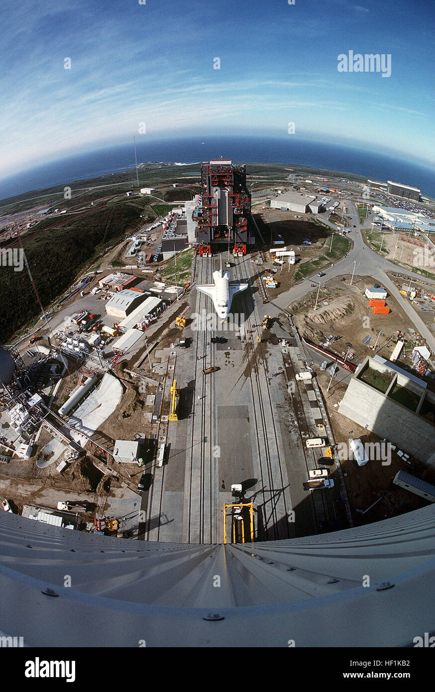 An overhead view of the Space Shuttle Enterprise moving toward the ...