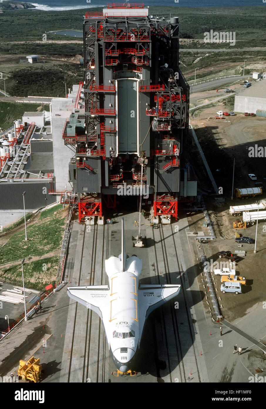 An overhead view of the space shuttle Enterprise moving toward the ...