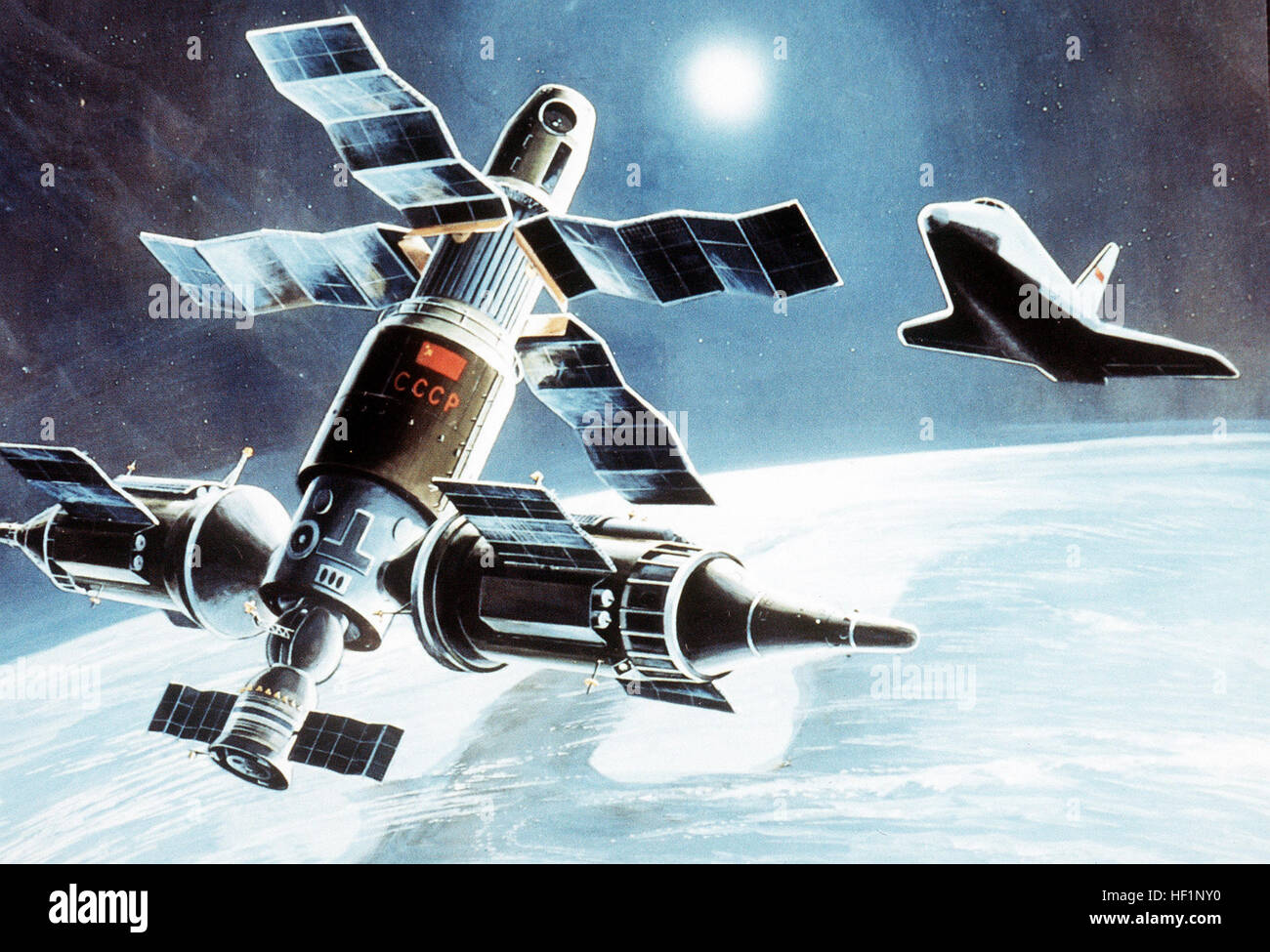 Artist's concept of a Soviet space shuttle approaching a manned space ...