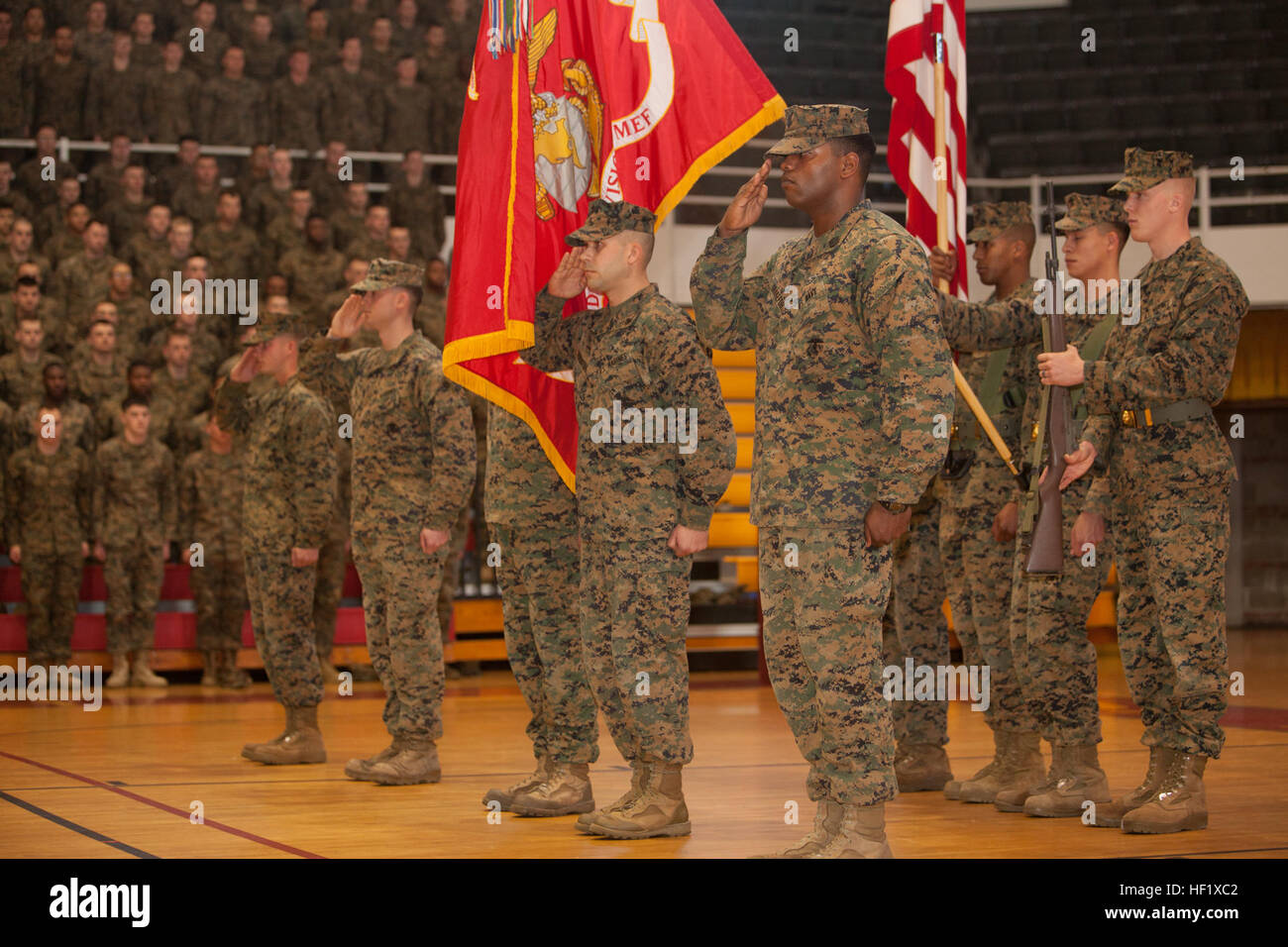 U.S. Marines with 2nd Marine Division (2nd MarDiv) render a salute to ...