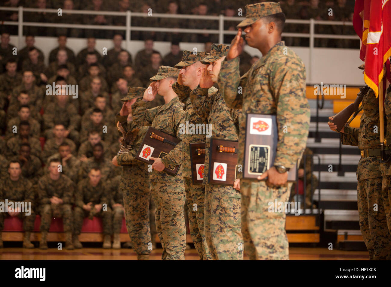 U.S. Marines with 2nd Marine Division (2nd MarDiv) render a salute to ...