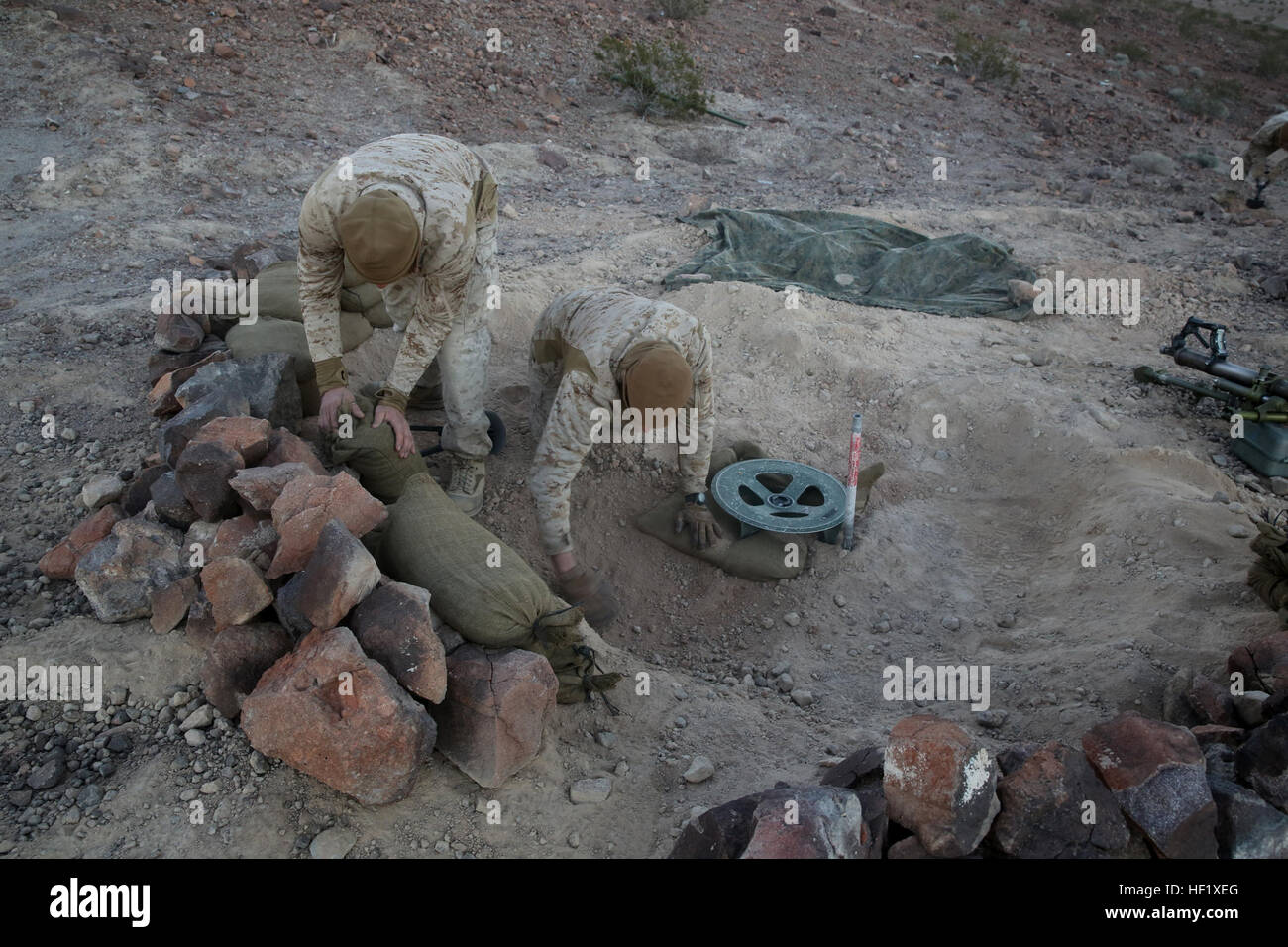 Mortarmen with Bravo Company, 1st Battalion, 7th Marine Regiment, build ...