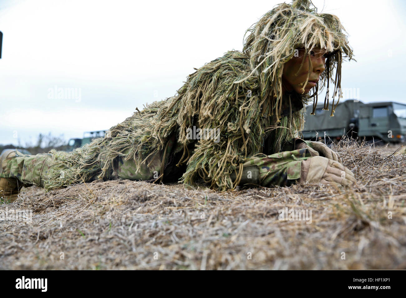 A Japan Ground Self-Defense Force member performs a low-crawl during ...