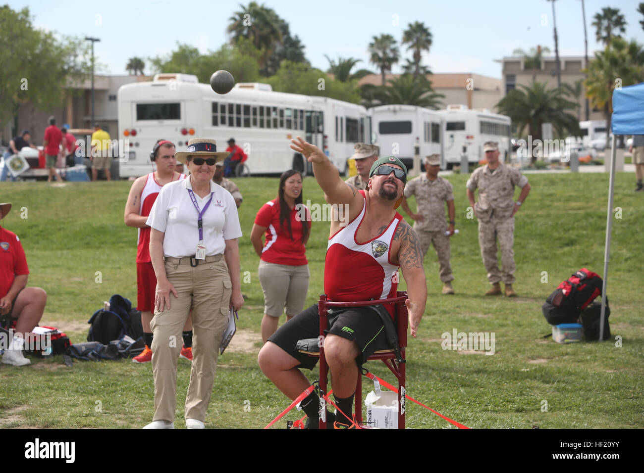 Veteran Michael Deyoung, 25, from Hemet, Calif., throws the shot put in ...
