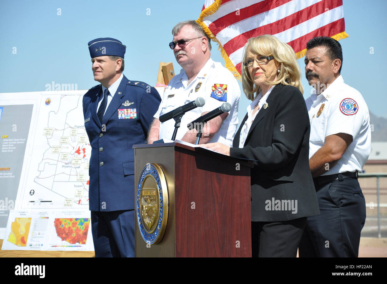 Arizona Gov. Jan Brewer talks to reporters about the 2014 wildland fire ...