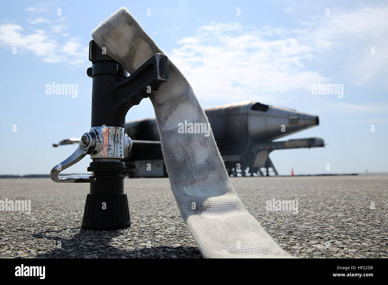 The hose of a P-19R fire rescue vehicle sits on the Marine Corps Air ...