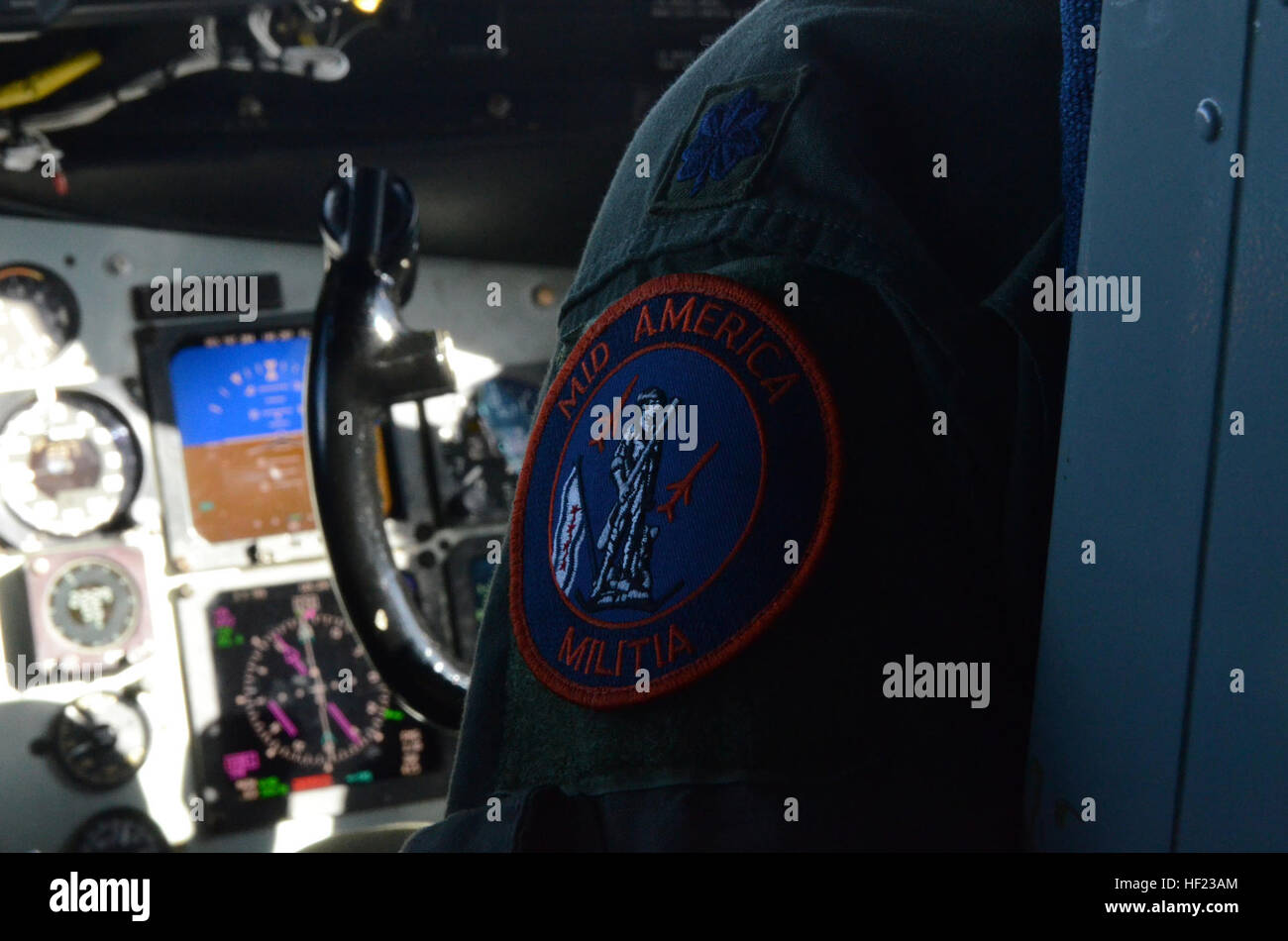 A pilot with the 108th Air Refueling Squadron wears a shoulder patch ...