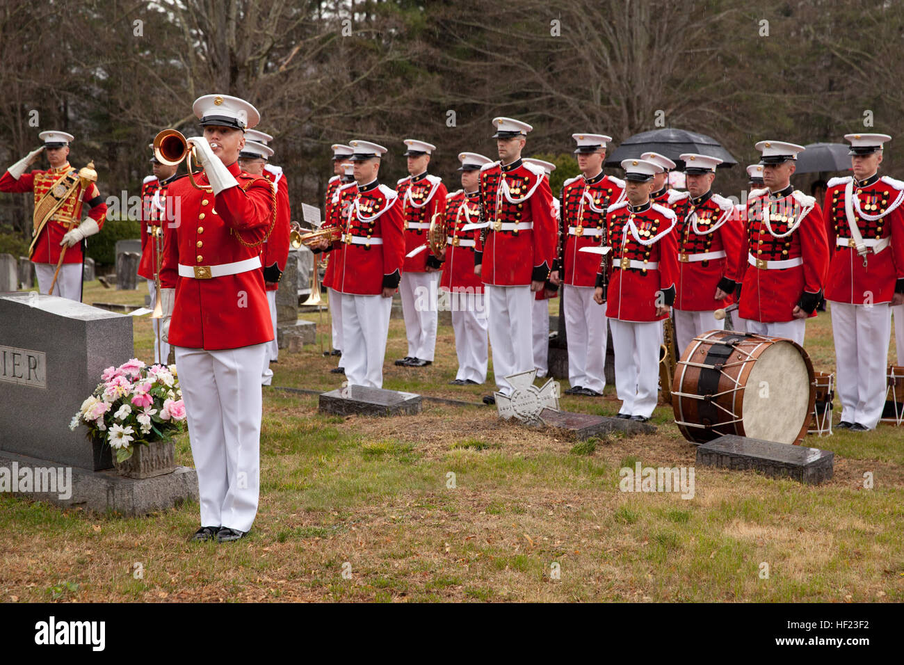 U.S. Marines with the Marine Corps Drum and Bugle Corps perform at a ...
