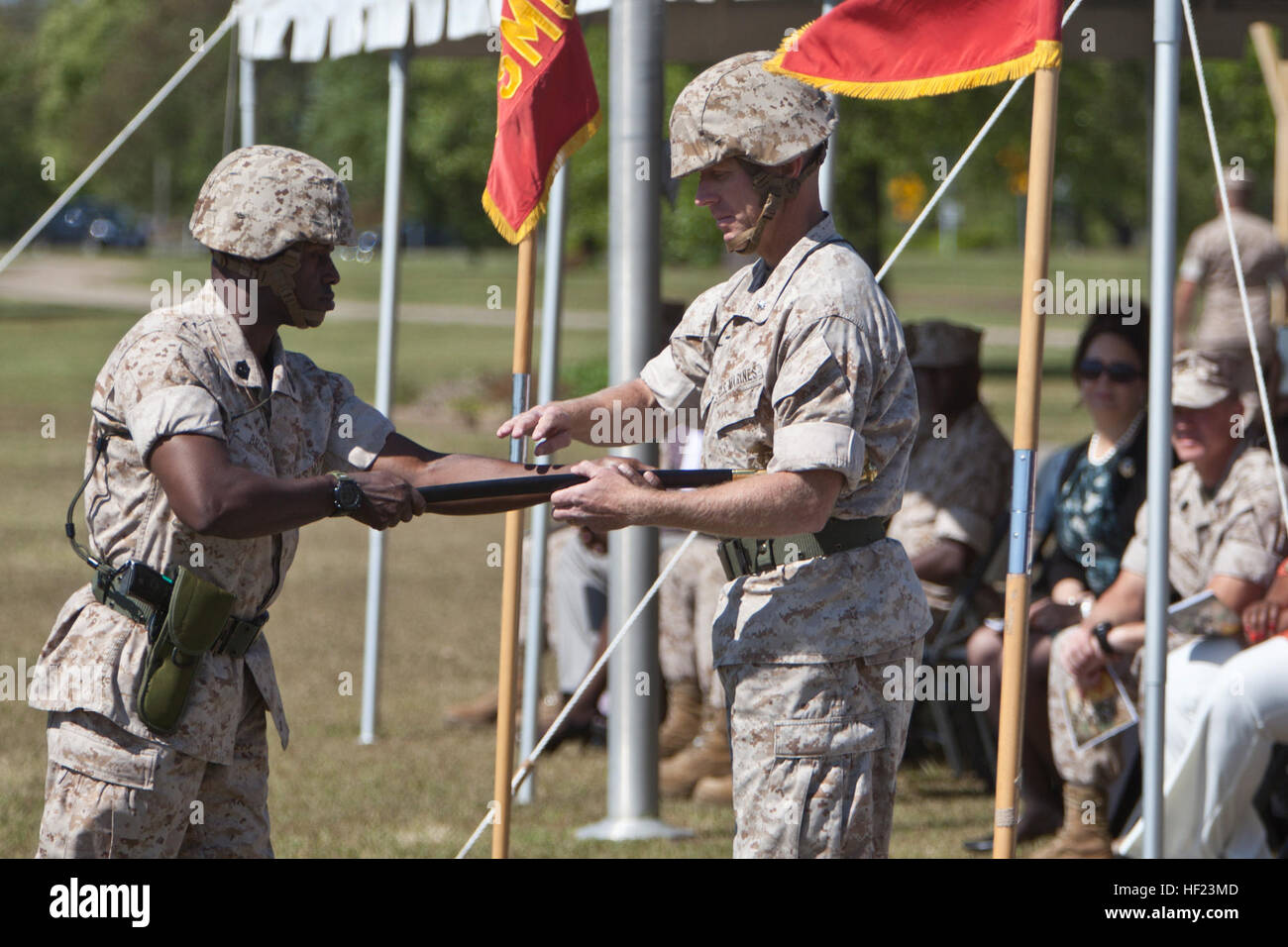 U.S. Marine Corps Sgt. Maj. James Brooks, left, outgoing battalion ...